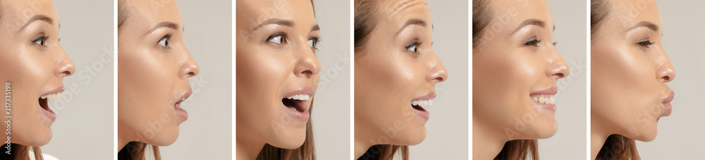 The collage of different human facial expressions, emotions and ...