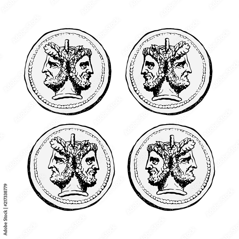 Two-faced Janus. Two male heads in profile, connected by the nape ...
