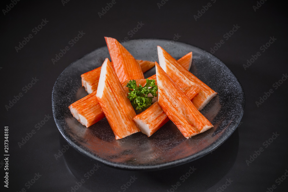 Kani Nigiri, Sushi Kani served on traditional Japanese food on ceramic ...