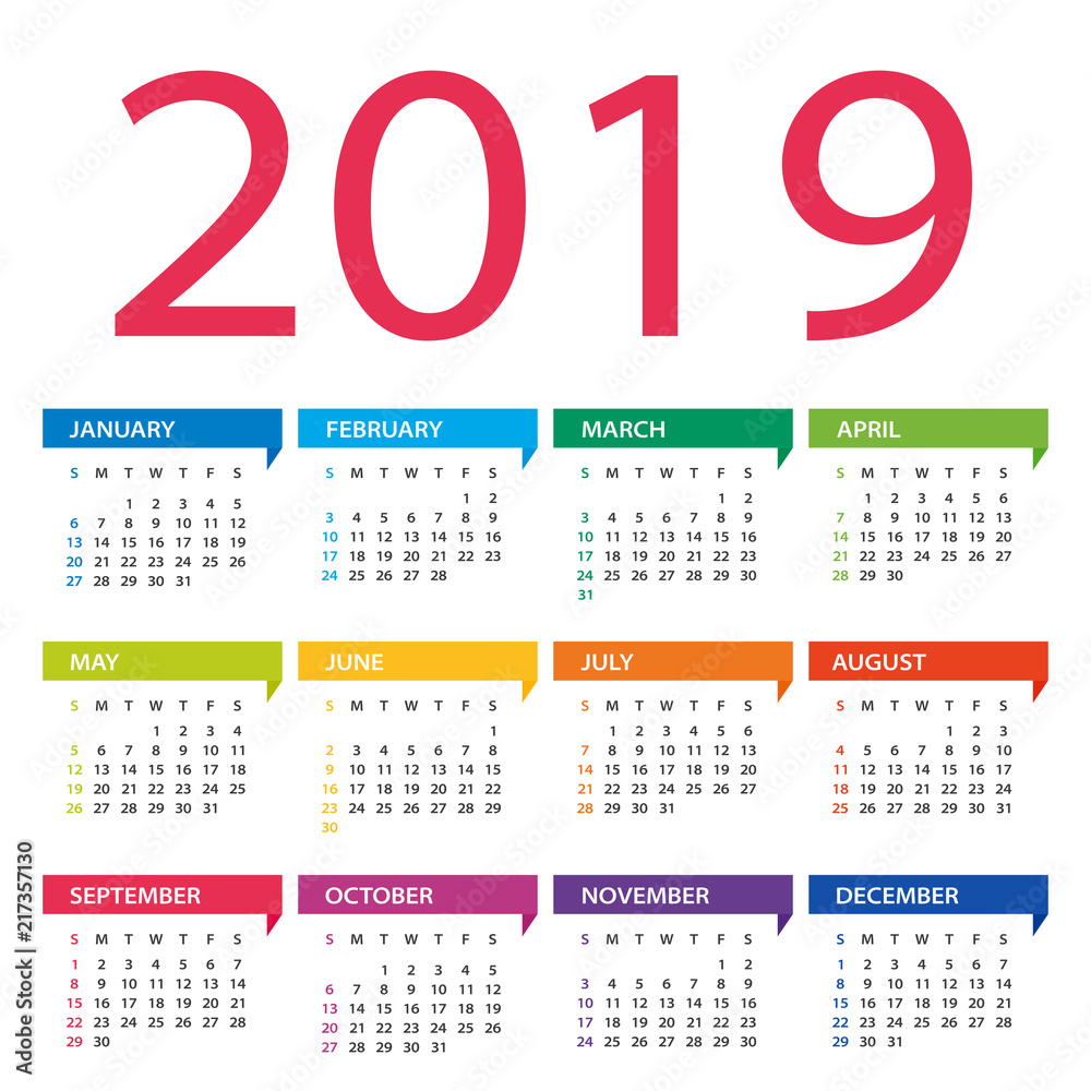 2019 year calendar - vector Illustration. Week starts on Sunday Stock ...