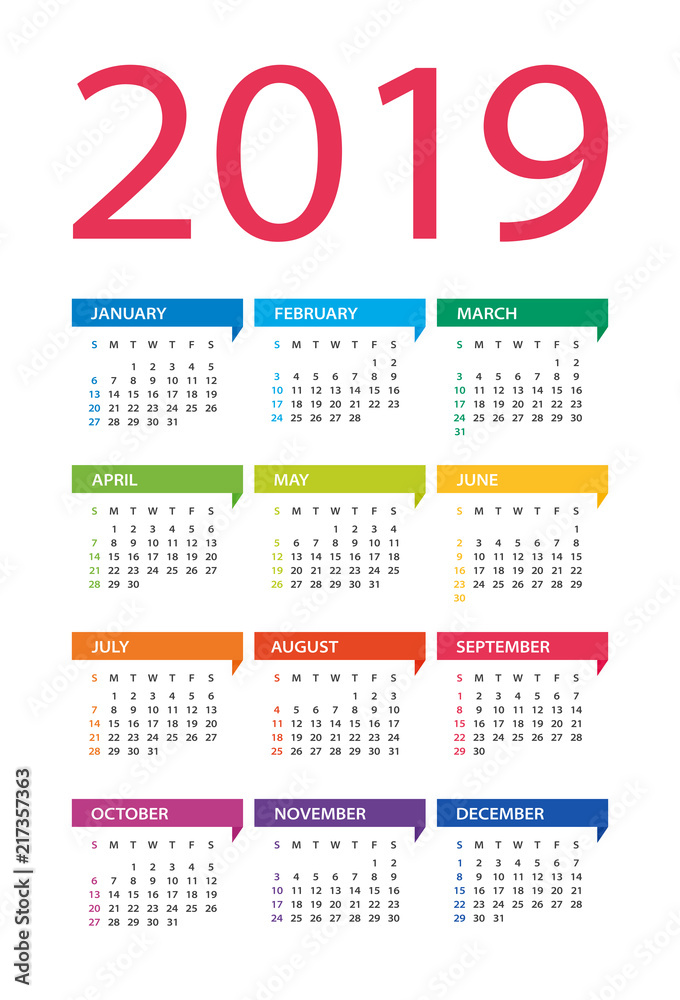2019 year calendar - vector Illustration. Week starts on Sunday Stock ...