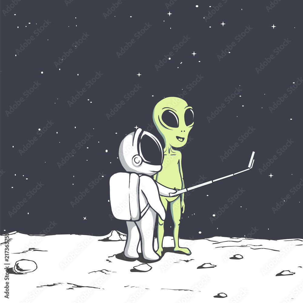 astronaut photographs himself and alien.Space friends.Vector ...