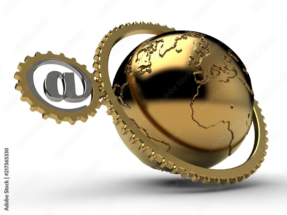 Golden image of planet earth with gears, a reducer mechanism and ...