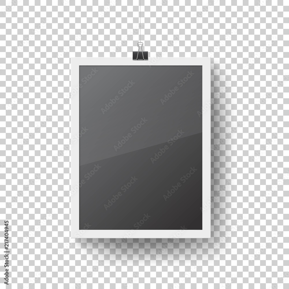 Realistic blank photo frame hanging on binder clip. Mockup picture ...