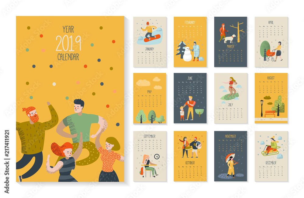 2019 Year Monthly Calendar with Flat People Characters. Calendar ...