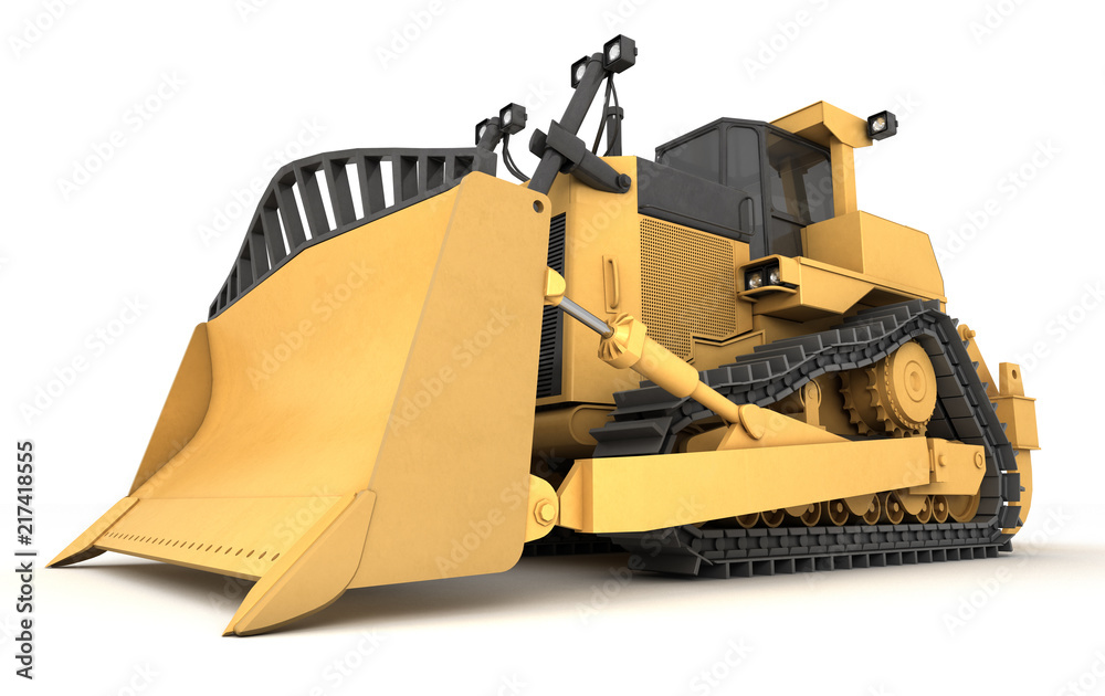 Massive powerful yellow hydraulic bulldozer isolated on white ...