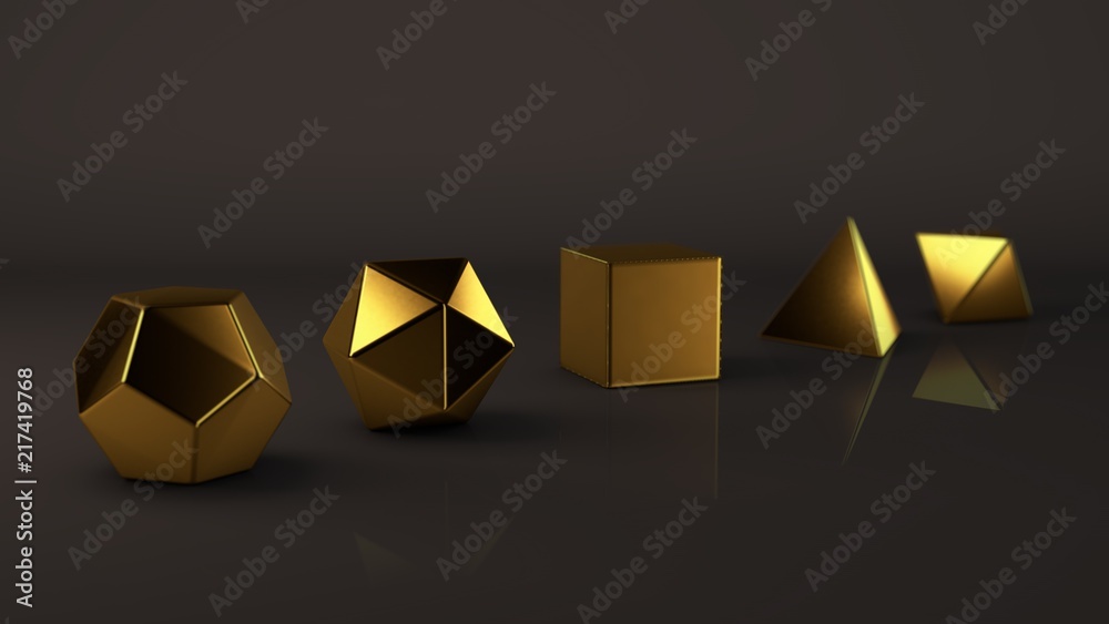 A set of Platonic bodies, expensive gold bars with a matte surface. Polygonal shapes, polyhedra ...