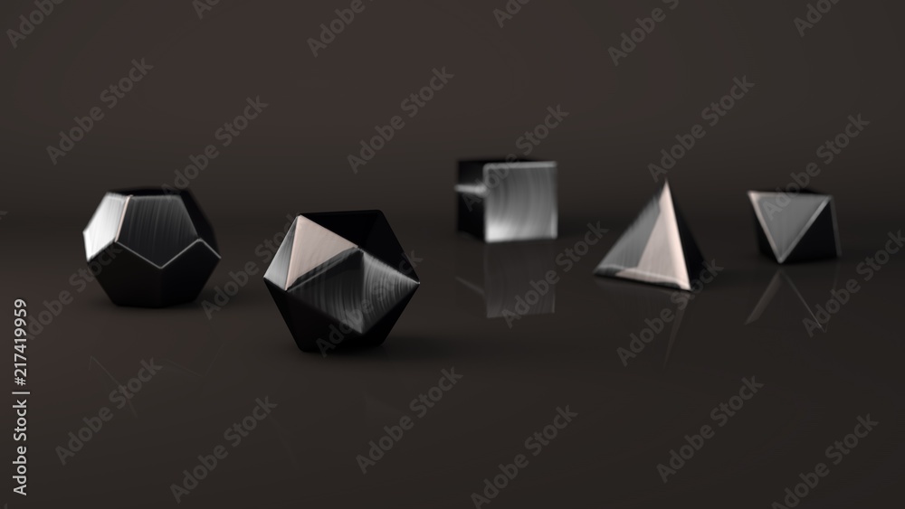 Group of Platonic bodies, black polished metal with reflections ...