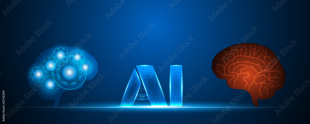AI light Letter text symbol,Human and Robot brain, over network online ...