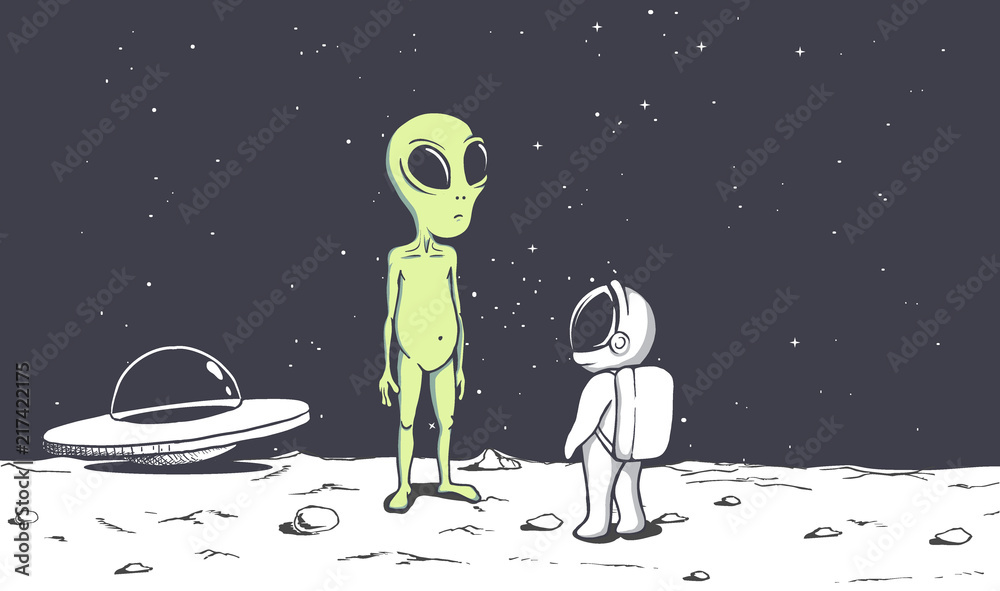meeting of an alien and an astronaut on Moon.Space friends.Vector ...