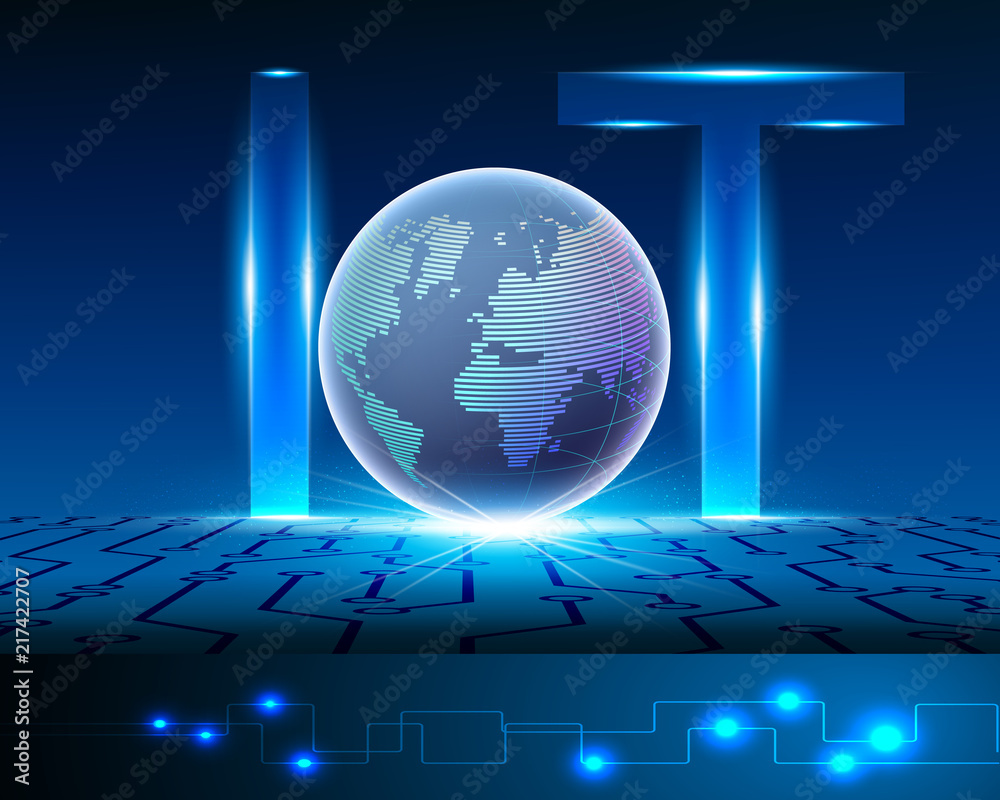 Internet of things (IOT) concept on Electronic light Blue background ...