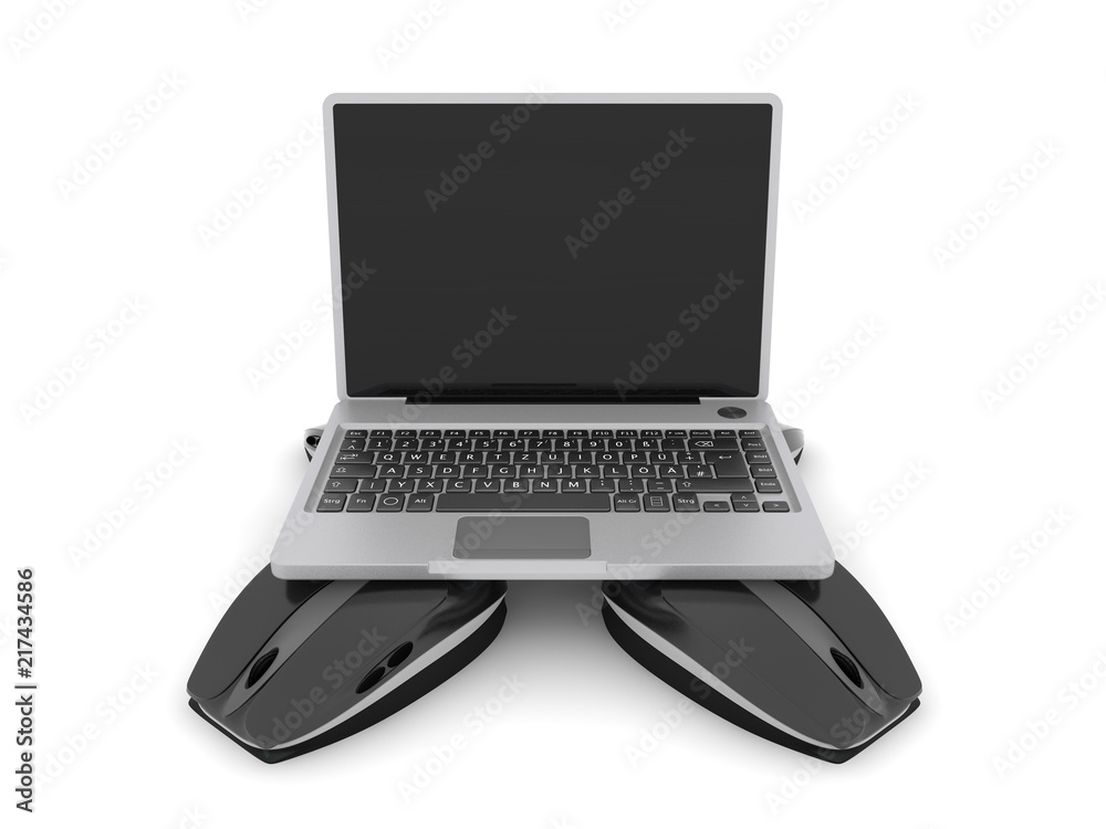 3D image of laptop stands on four computer mice. The similarity of the ...
