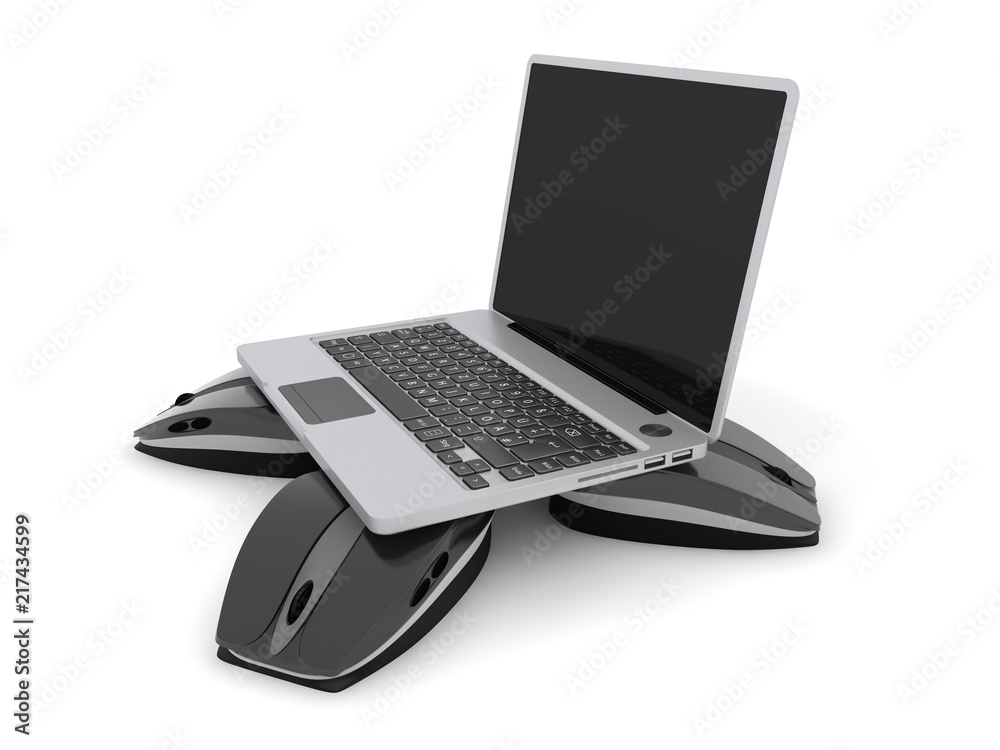 3D image of laptop stands on four computer mice. The similarity of the ...