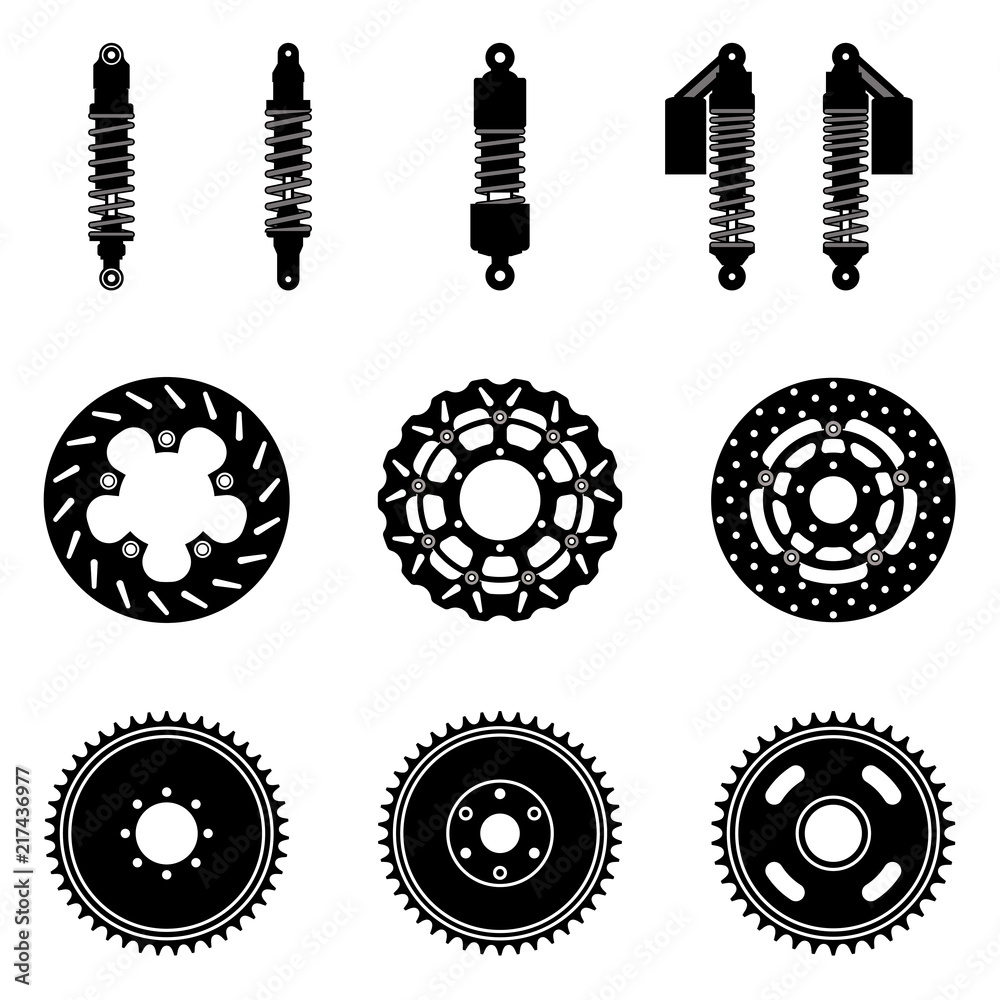 Different of motorcycle parts. Suspension and brake icon set ...