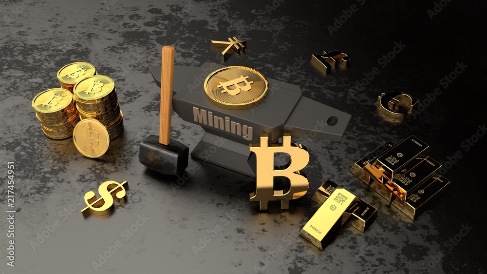 anvil, hammer and gold bars, coins, crypto-currencies and currency ...