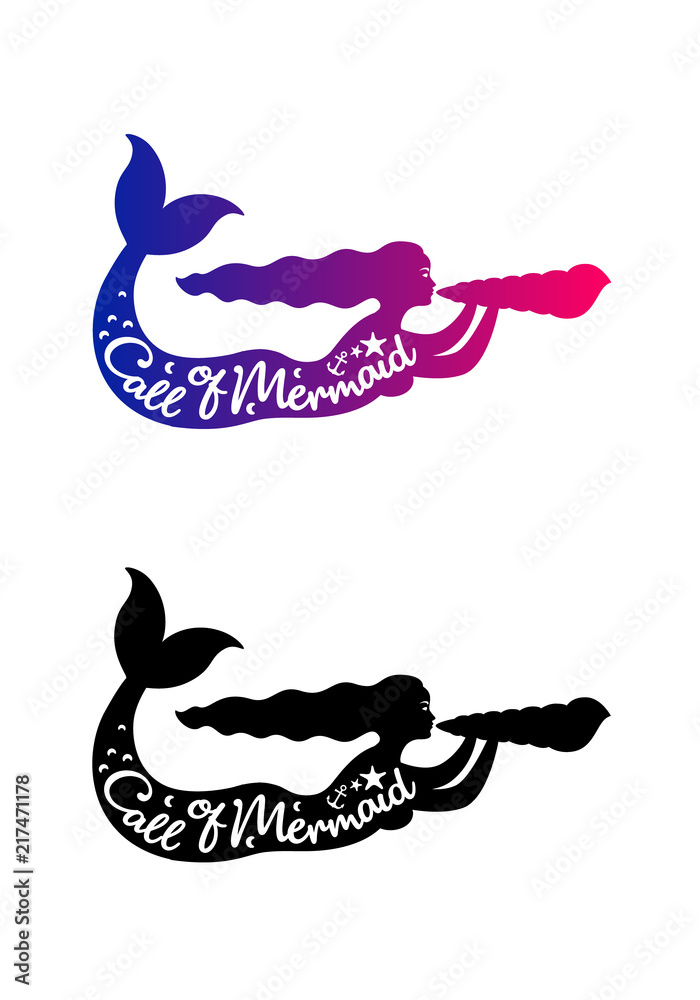 Set of color and black graphic drawings of mermaid singing on sea shell ...