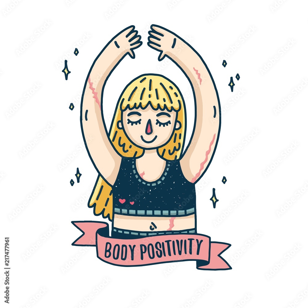 Design of a body positive poster with a young blonde girl. Happy plus ...
