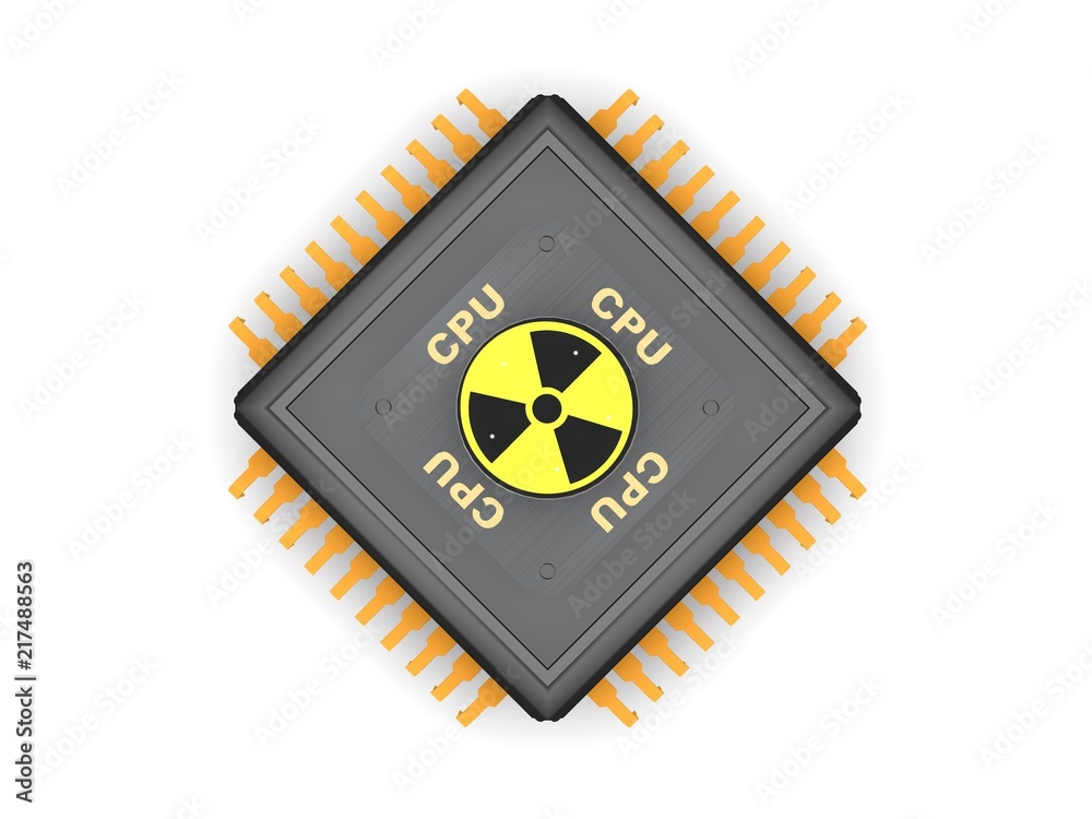 The image of black CPU, gold contact, radiation symbol, the platinum ...