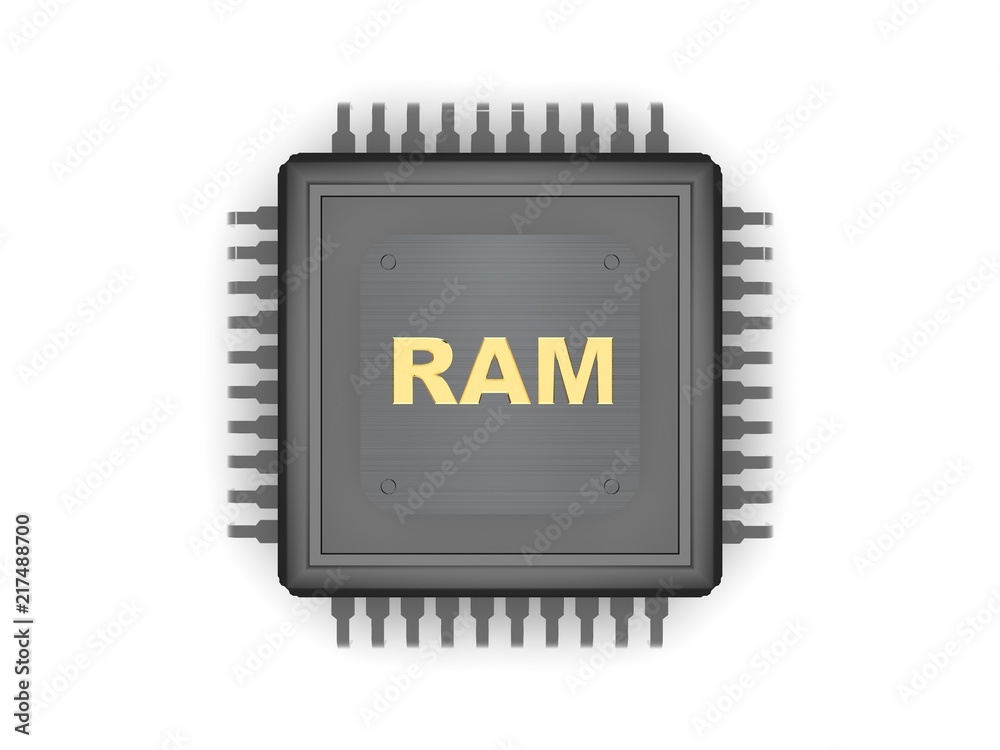 The image of black CPU, silver contacts, metal plate and gold text of ...