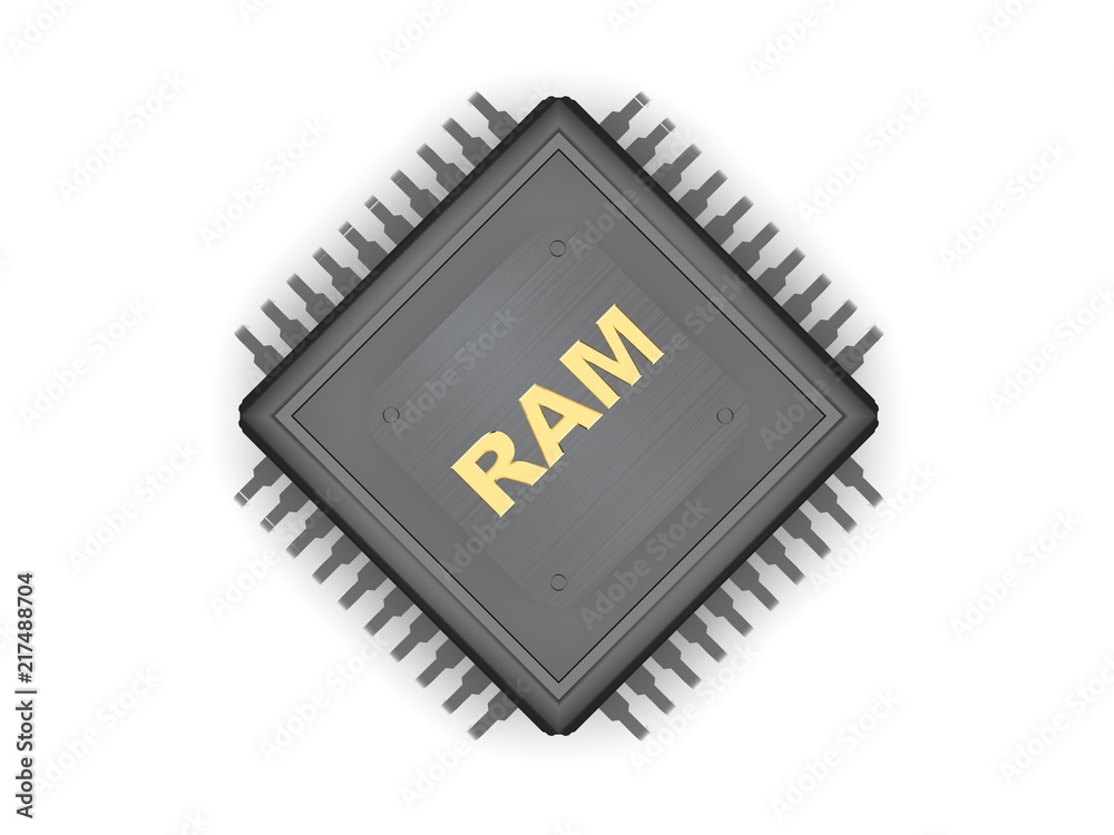 The image of black CPU, silver contacts, metal plate and gold text of ...