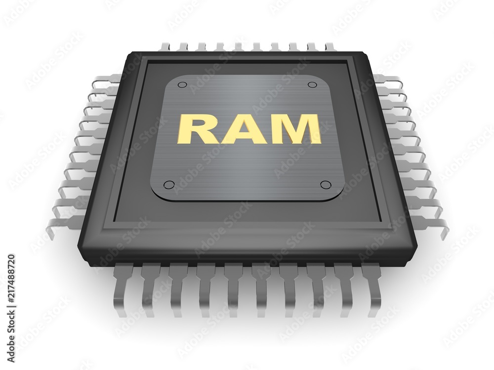 The image of black CPU, silver contacts, metal plate and gold text of ...