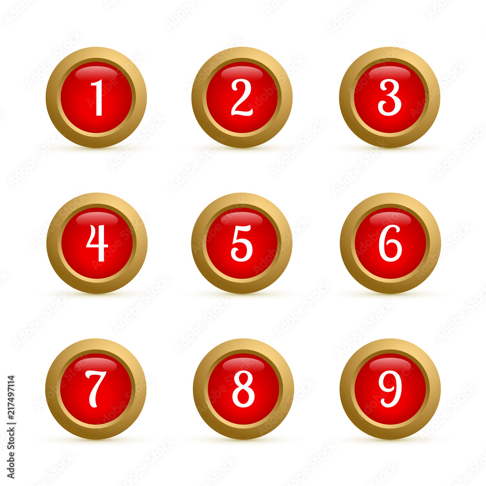 Set of round buttons with numbers from 1 to 9. Glossy red and gold ...