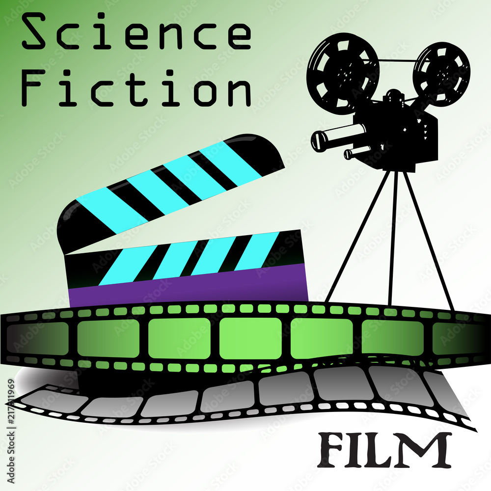Colorful background with clapboard, movie projector, film strips and ...