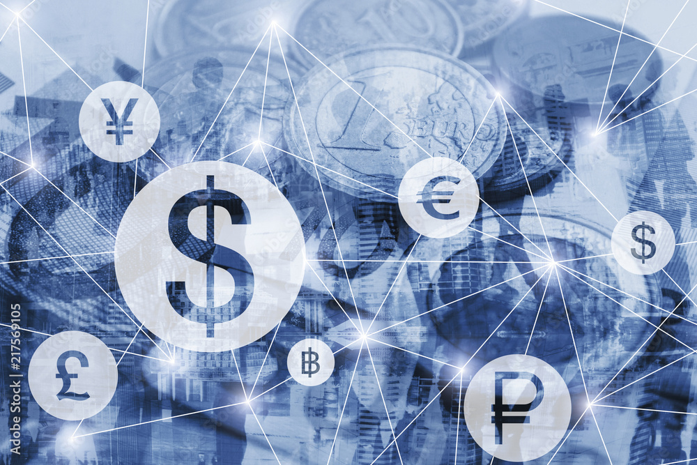 Fotografia money exchange concept symbols of different foreign currencies connected on vir Song about summer su EuroPosters