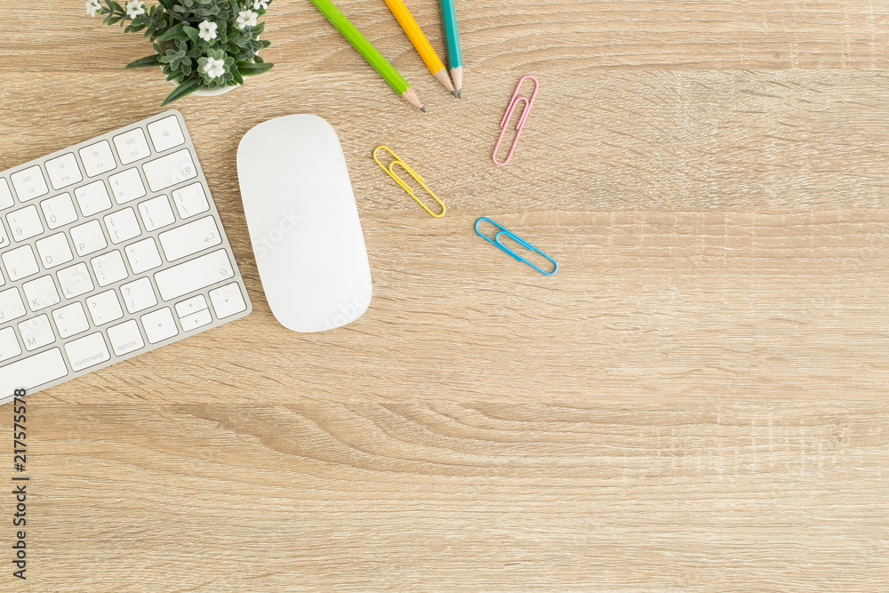 Flat lay photo of office desk with mouse and keyboard ,Top view ...