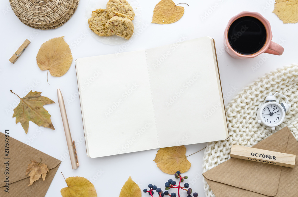 Mockup with empty notebook, dry leaves, scarf, envelopes and coffee ...