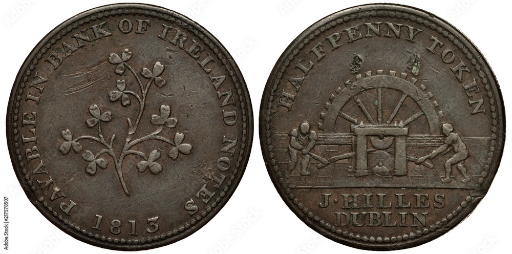 Ireland Irish token 1/2 half penny 1813, issuer J.Hilles Dublin, clover ...