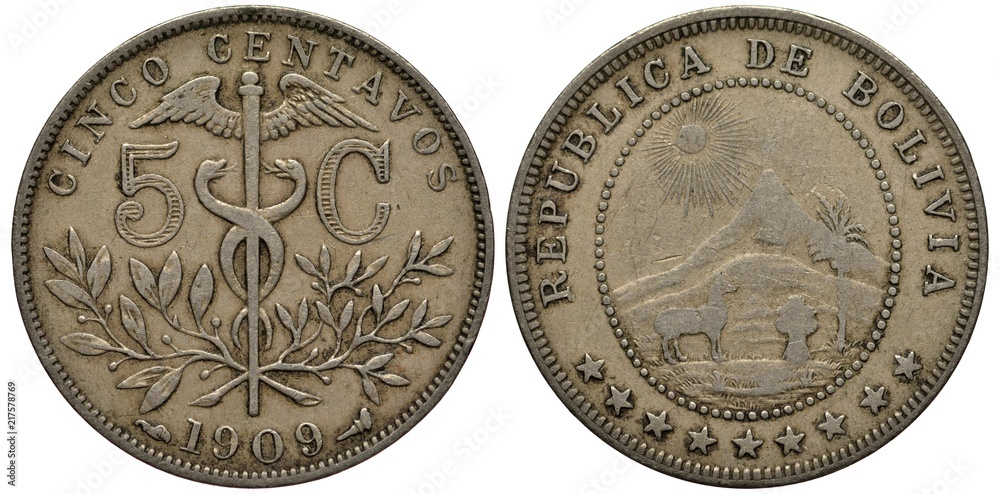 Bolivia Bolivian coin 5 five centavo 1909, caduceus divides value ...