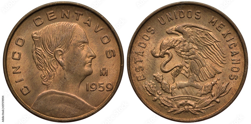 Mexico Mexican coin 5 five centavo 1959, bust of Josefa Dominguez right ...
