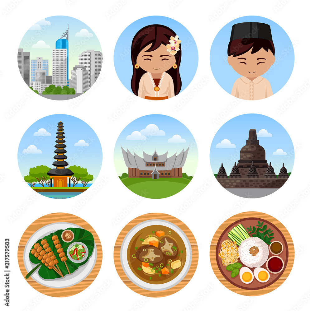 Travel to Indonesia. Bali. Set of traditional cultural symbols, cuisine ...