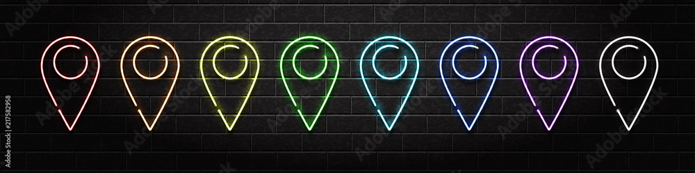 Vector set of realistic isolated neon sign of map pin for decoration ...