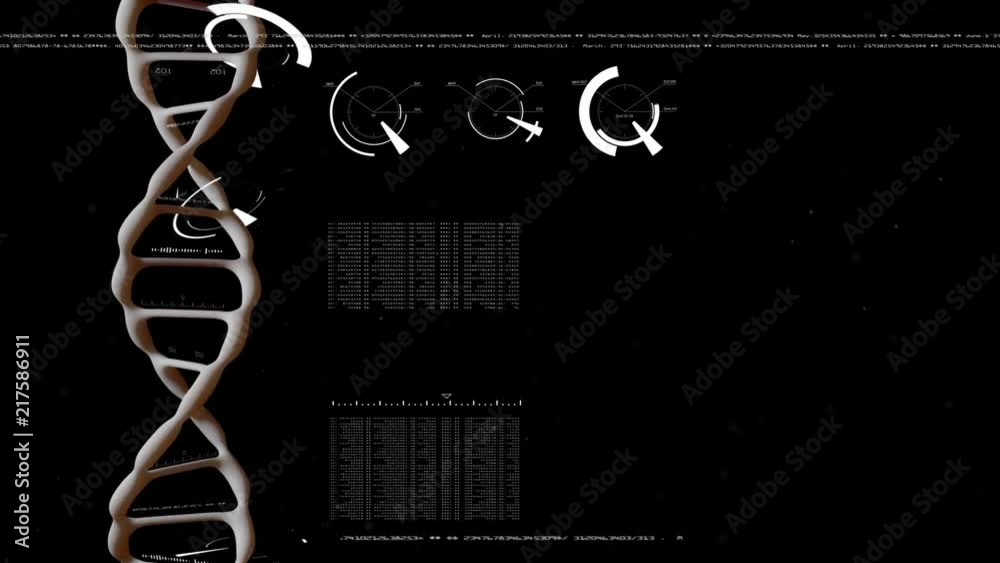 Realistic DNA. Rotating DNA with formula and data processing background ...