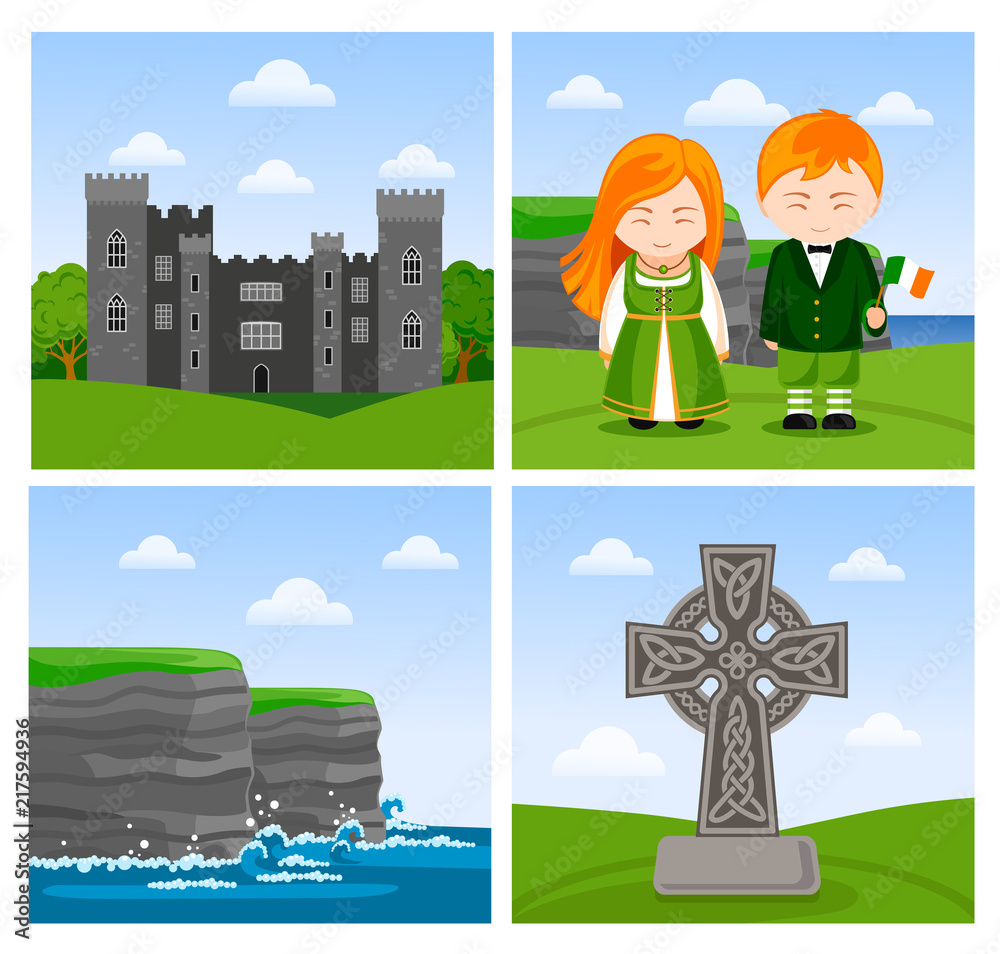 Travel to Ireland. Cliffs of Moher, Malahide castle, people, woman and ...