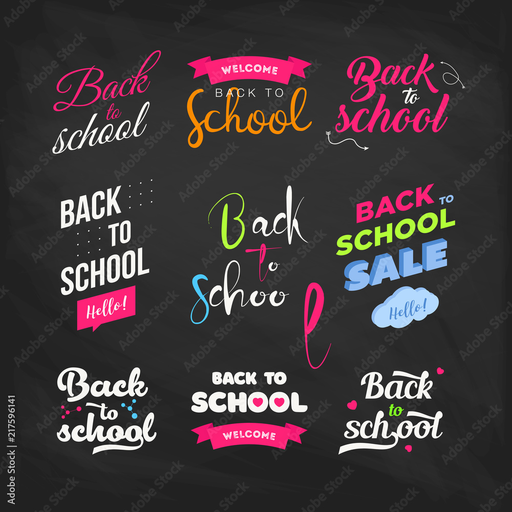Set of Welcome back to school labels on a chalkboard. School Background ...