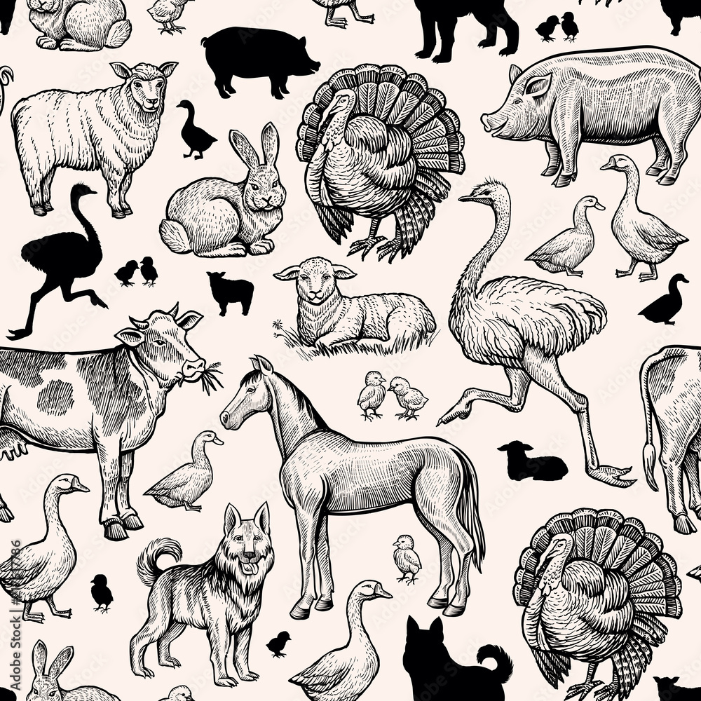Farm Animals Seamless Pattern. Vintage engraving horse, cow and pork ...
