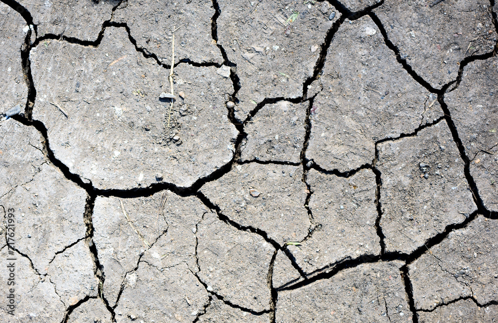 Overhead colour image of cracked dry mud with cracks and fissures ...