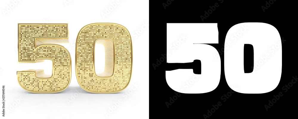 Golden number fifty (number 50) on white background with drop shadow ...