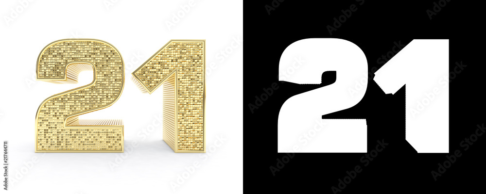 Golden number twenty one (number 21) on white background with drop ...