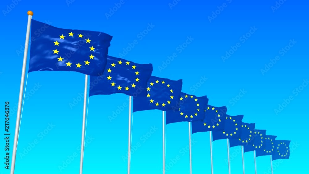 Ten flags of the European Union develops in the wind on a blue gradient ...