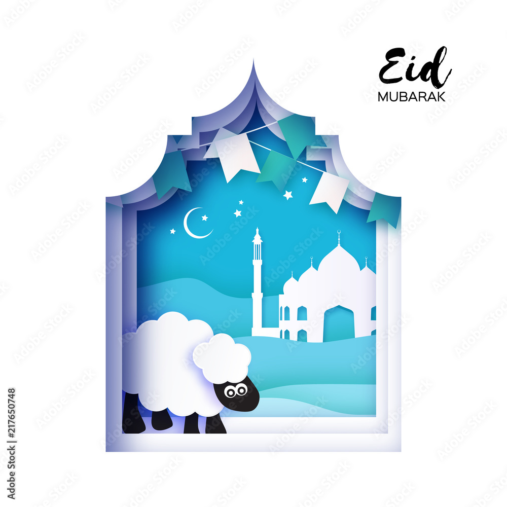 Eid-Al-Adha Greeting card design with paper cut cute Baby Sheep for ...