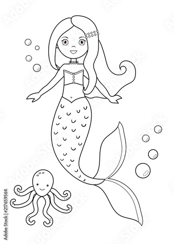 Cartoon mermaid with octopus. Coloring page for kids. Vector ...