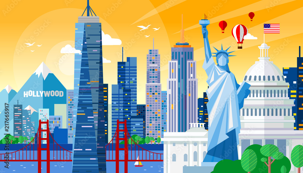 vector illustration of United States of America landmarks, travel ...