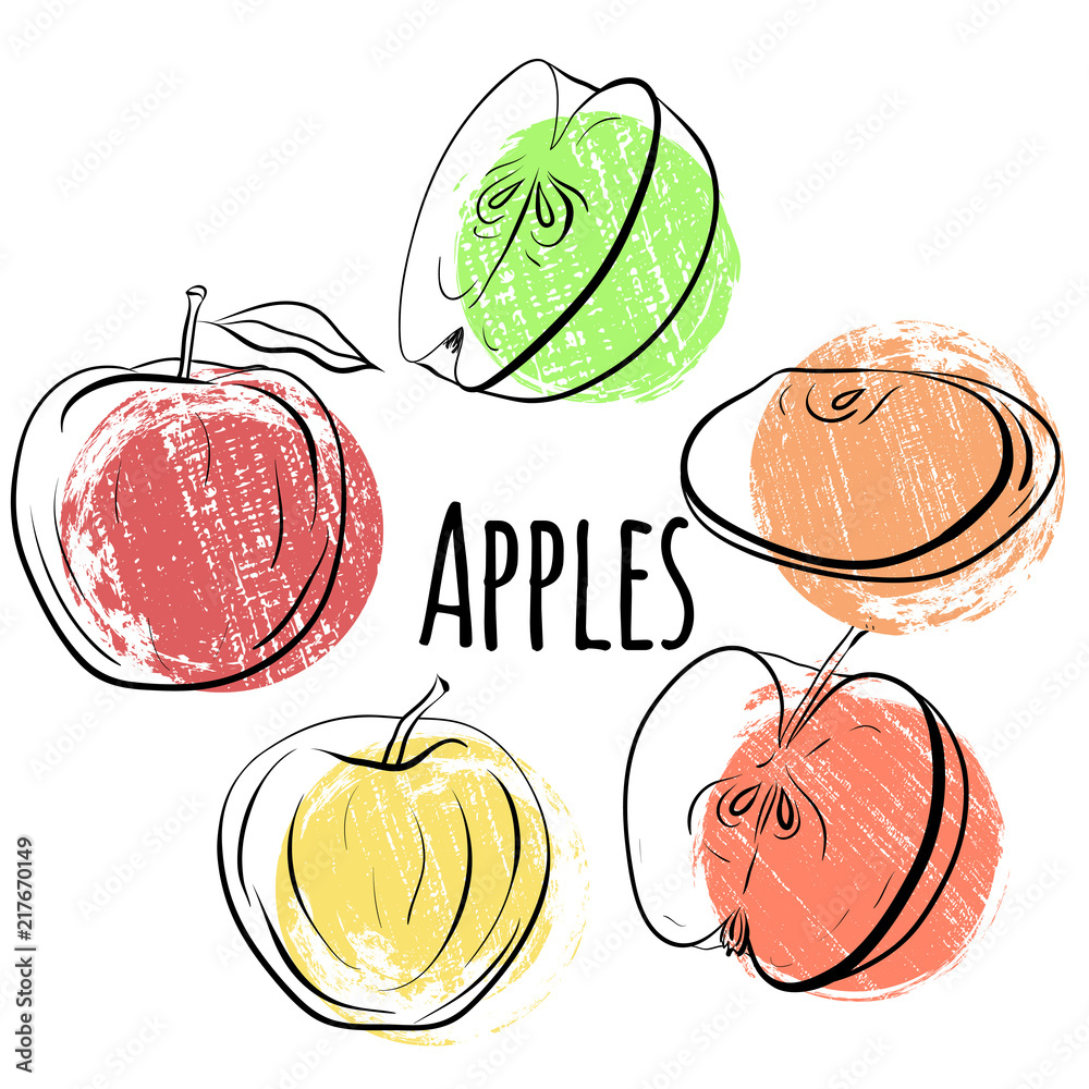 Set of apples of different shapes. Single and halves of apples with ...