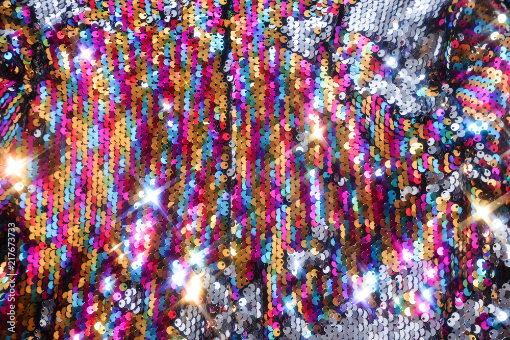 sequins colorful on the fabric. Texture scales of round sequins Stock ...