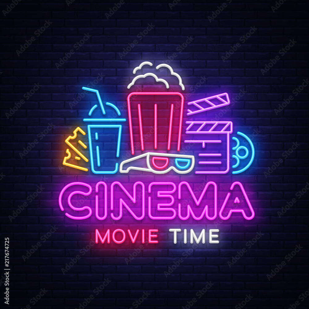 Stockvector Movie Time Neon Logo Vector. Cinema Night neon sign, design ...
