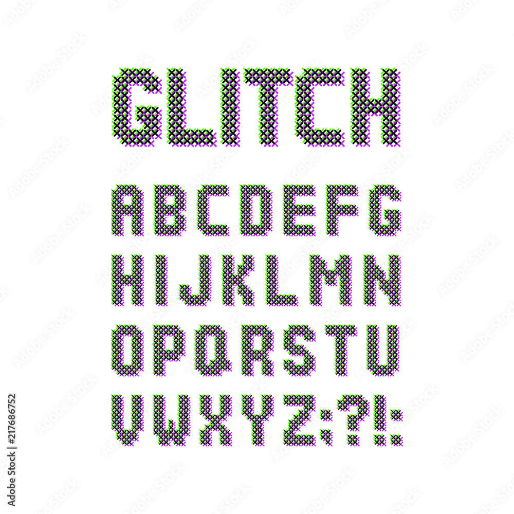 Vector realistic embroidery lettering alphabet with modern glitch ...
